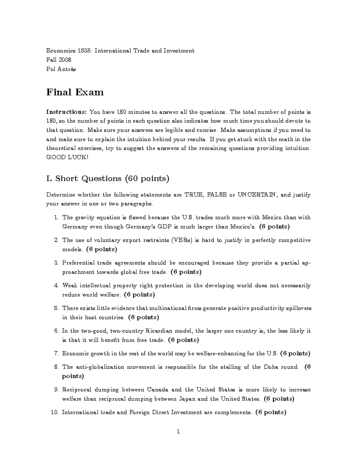 Final Exam 2008 - Economics 1535: International Trade and Investment ...