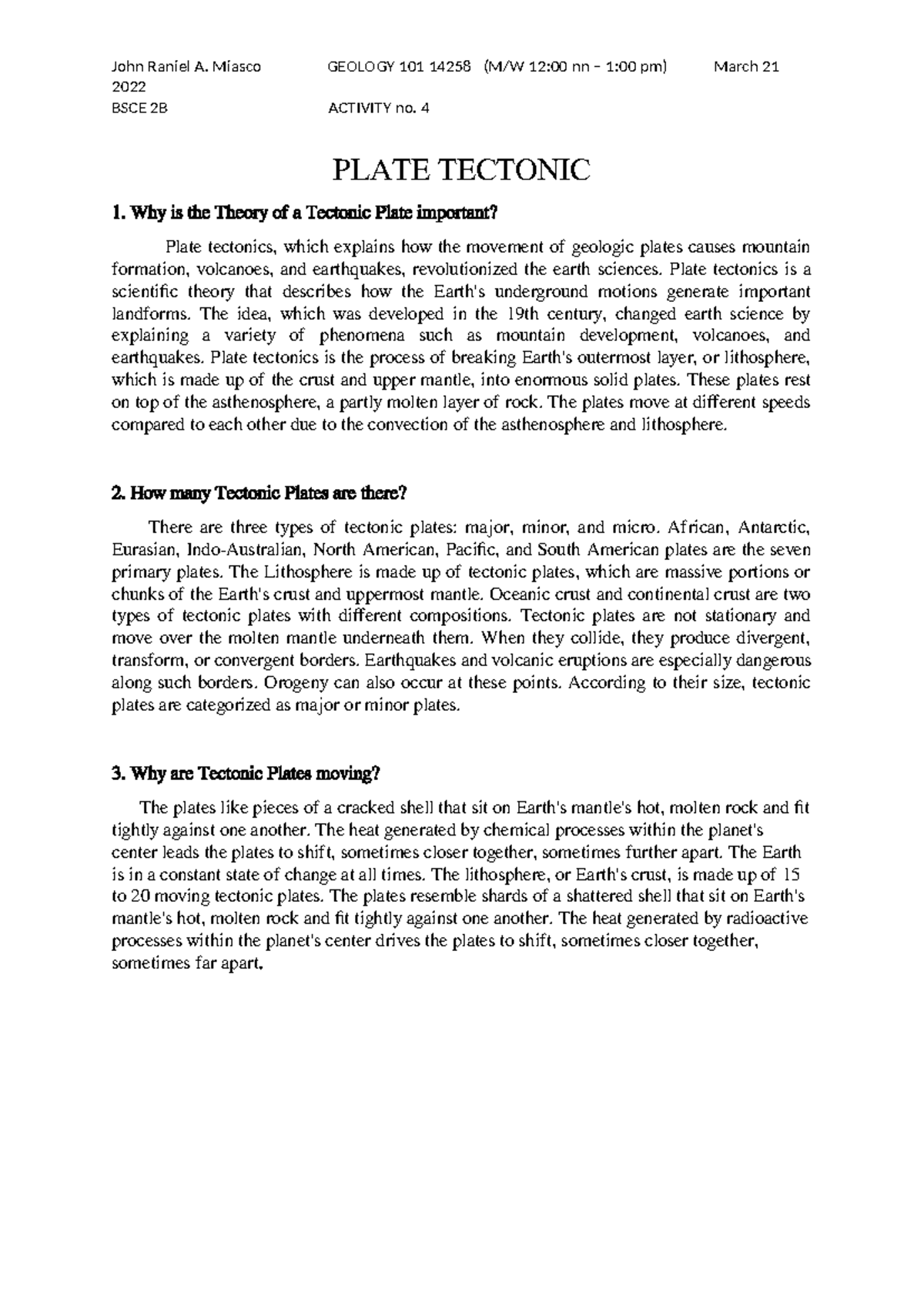 Plate Tectonic - John Raniel A. Miasco GEOLOGY 101 14258 (M/W 12:00 nn ...