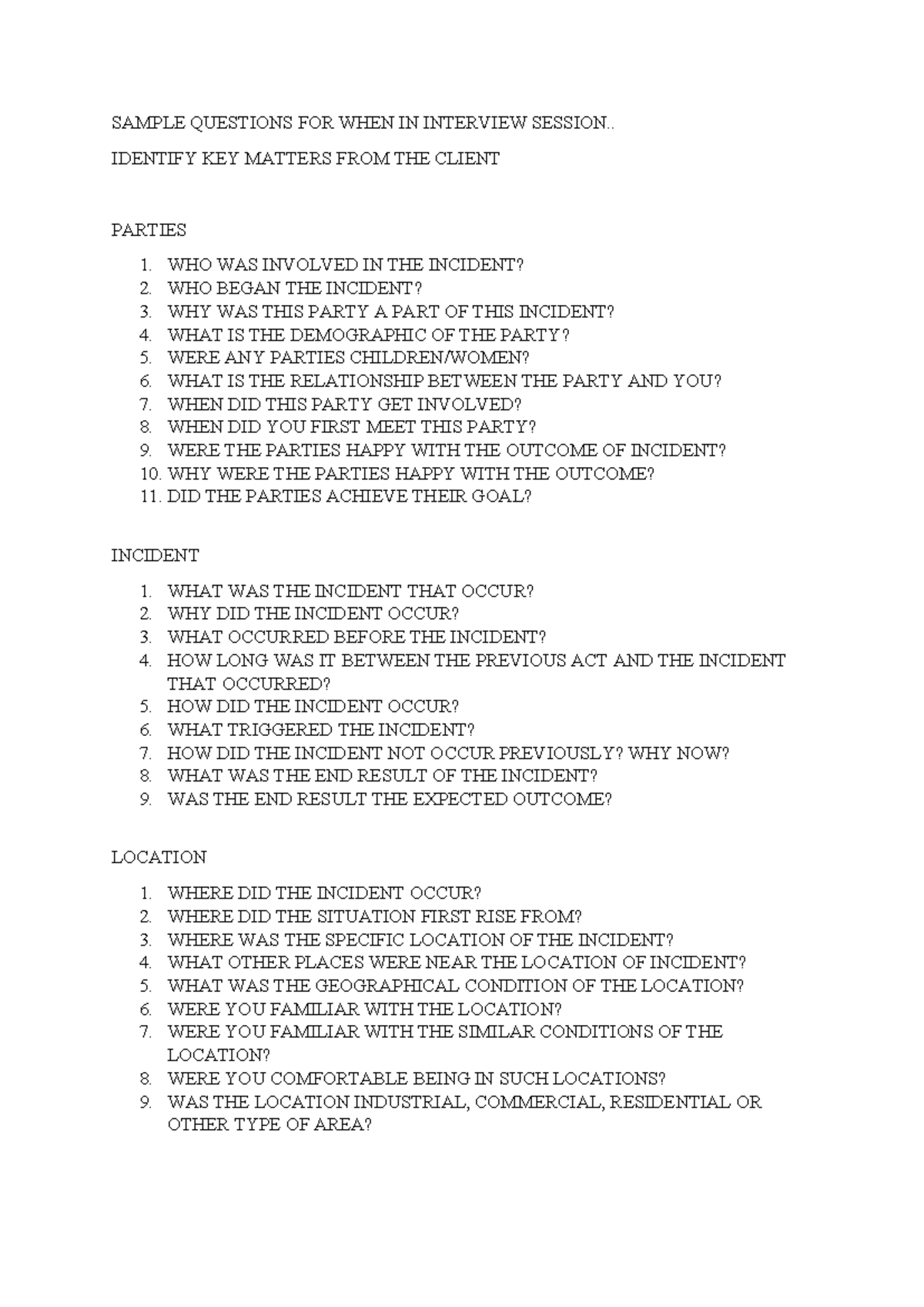 Questioning Samples - GUIDELINE FOR CLIENT CONSULTATION. - SAMPLE ...