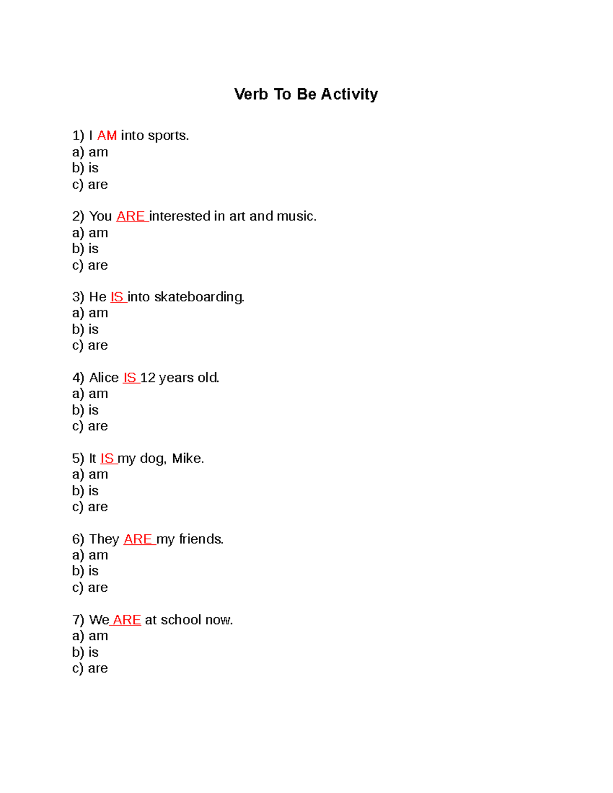 Verb to be game 7 - Verb to be - Verb To Be Activity I AM into sports ...
