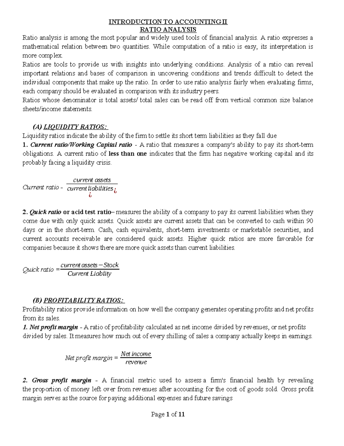 Ratio Analysis Notes For FA - INTRODUCTION TO ACCOUNTING II RATIO ...