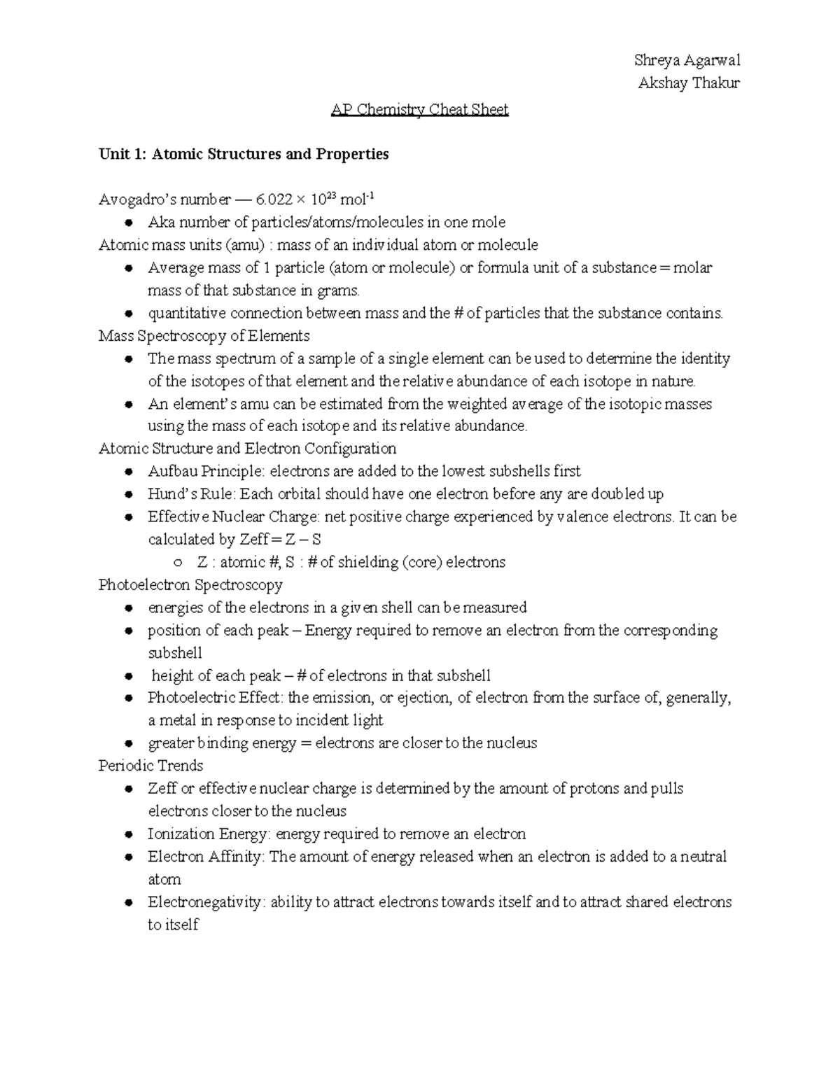 AP Chemistry Cheat Sheet - Akshay Thakur AP Chemistry Cheat Sheet Unit ...