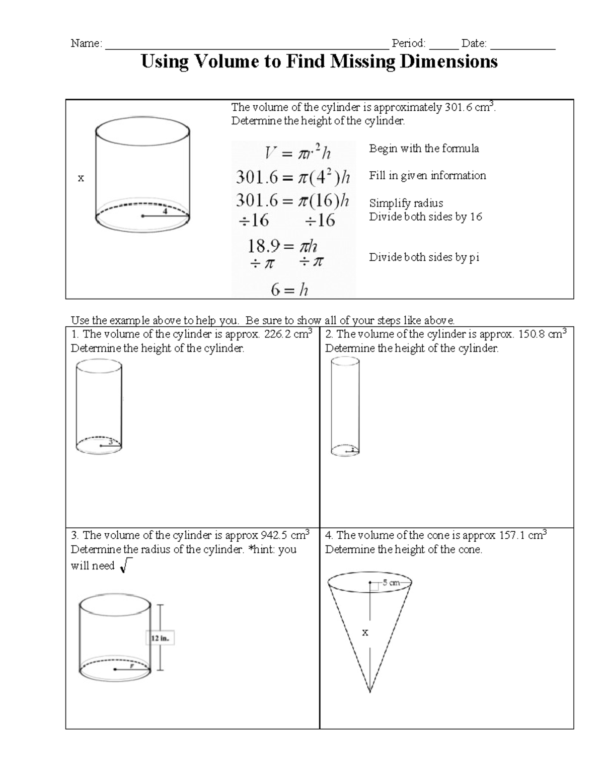 Using Volume to Find Missing Dimensions - Name