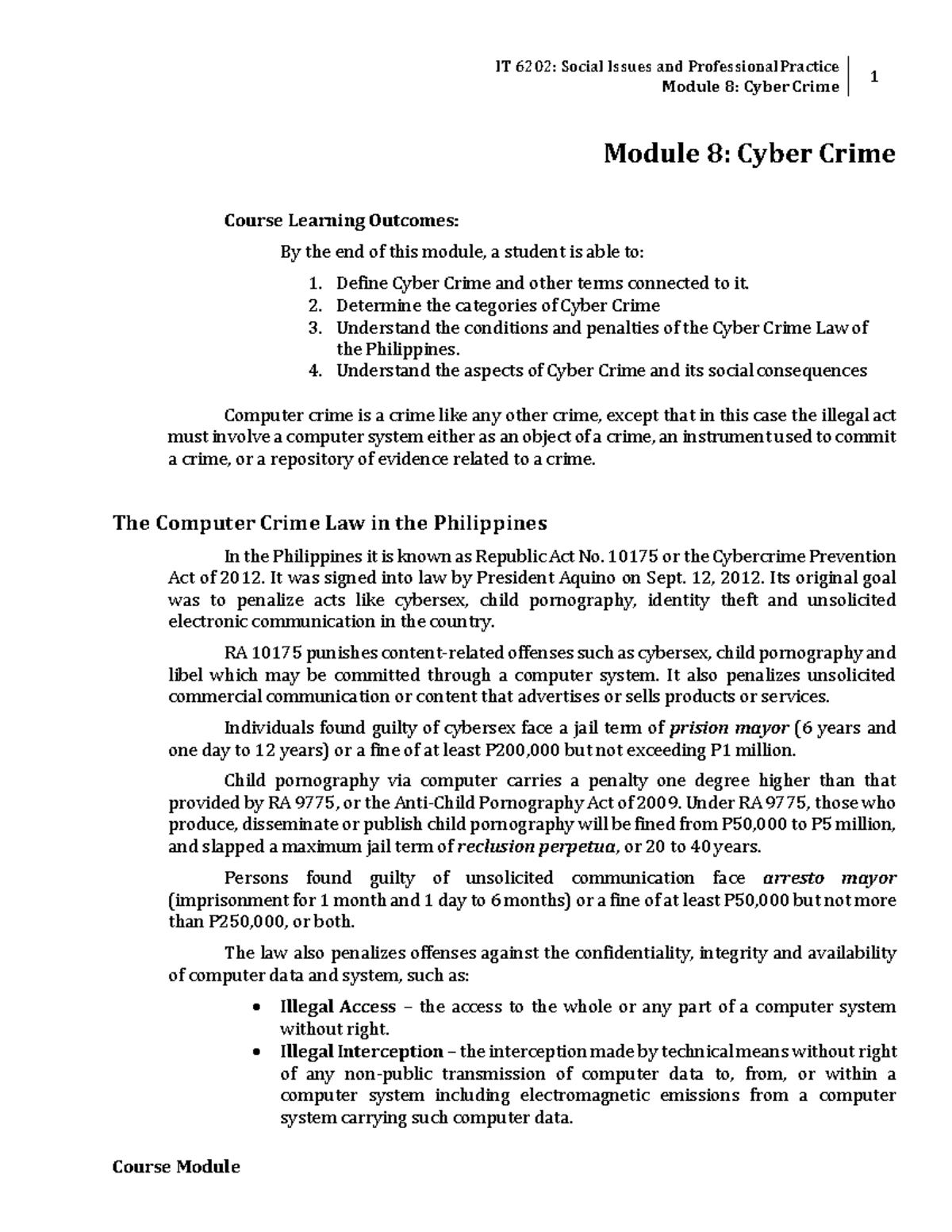W9 - Cyber Crime - Module - Module 8: Cyber Crime 1 Module 8: Cyber Crime Course Learning ...