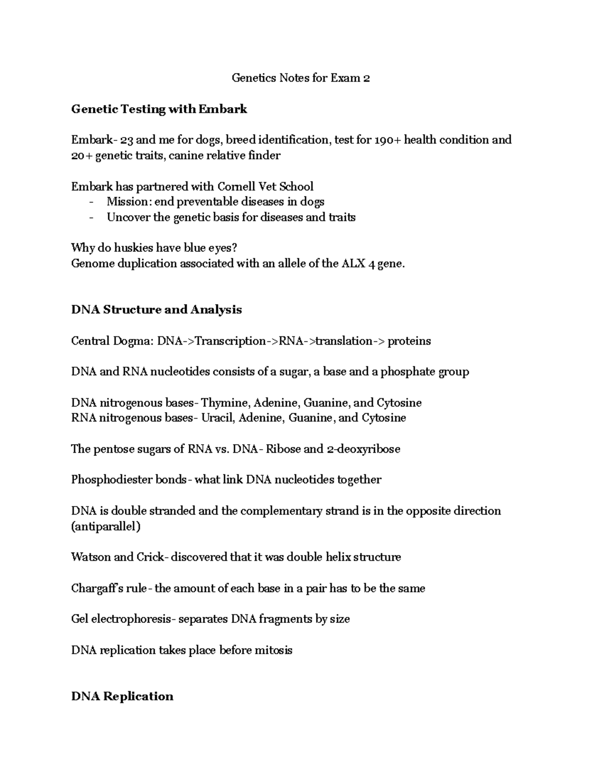 Genetics Notes - DNA Structure and Analysis Central Dogma: - Studocu