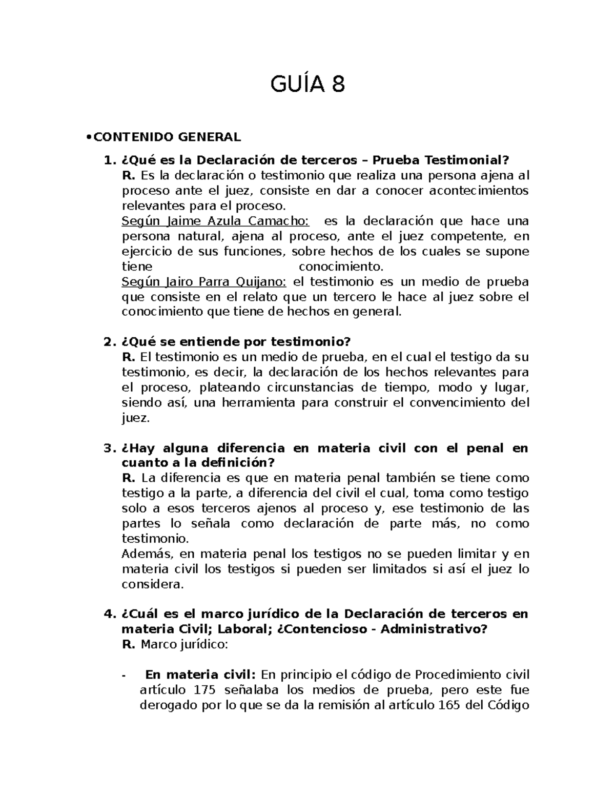 Guía 8 - GUIA DE APUNTES SOBRE MATERIAL PROBATORIO - GUÍA 8 •CONTENIDO ...