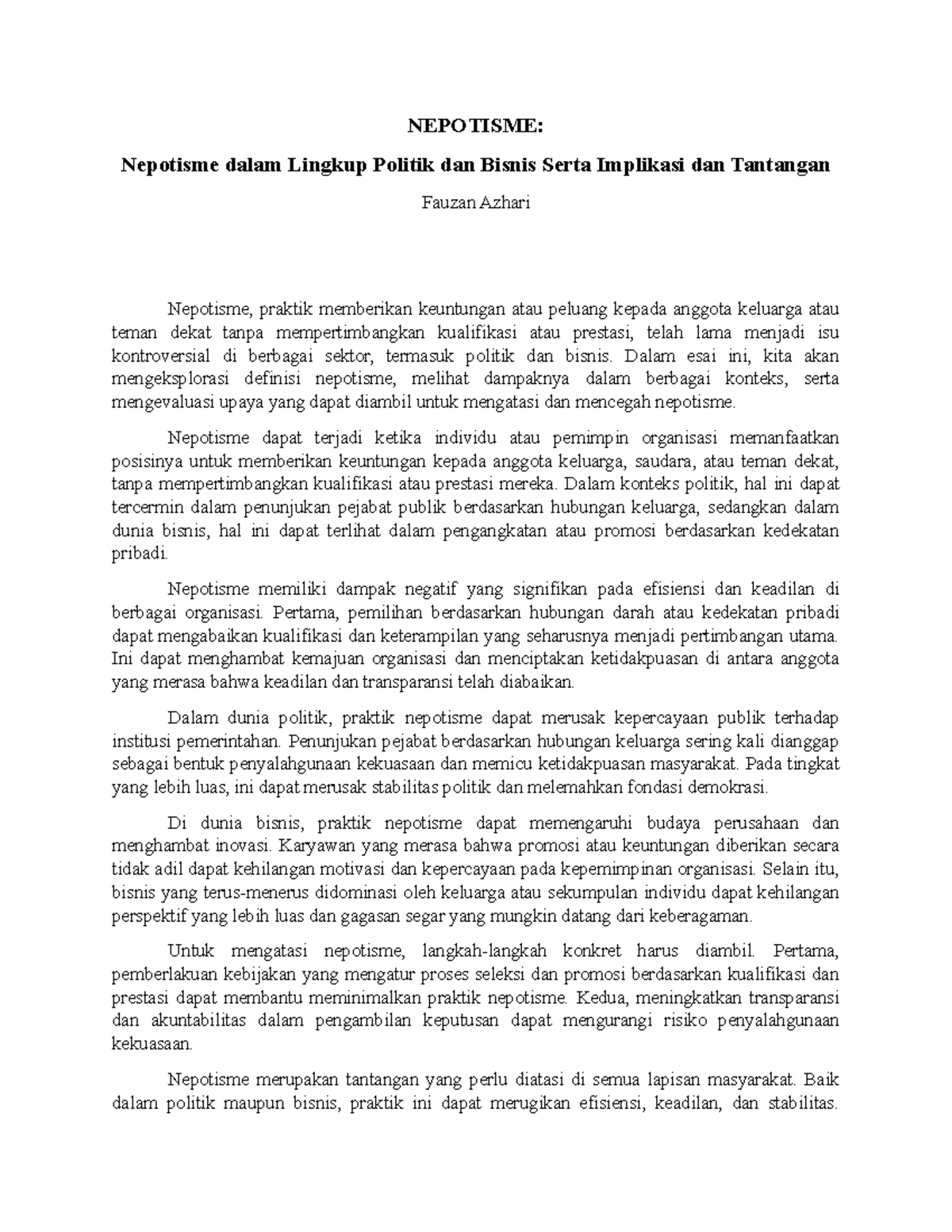 Esai Fauzan Azhari ( Nepotisme) - NEPOTISME: Nepotisme dalam Lingkup ...