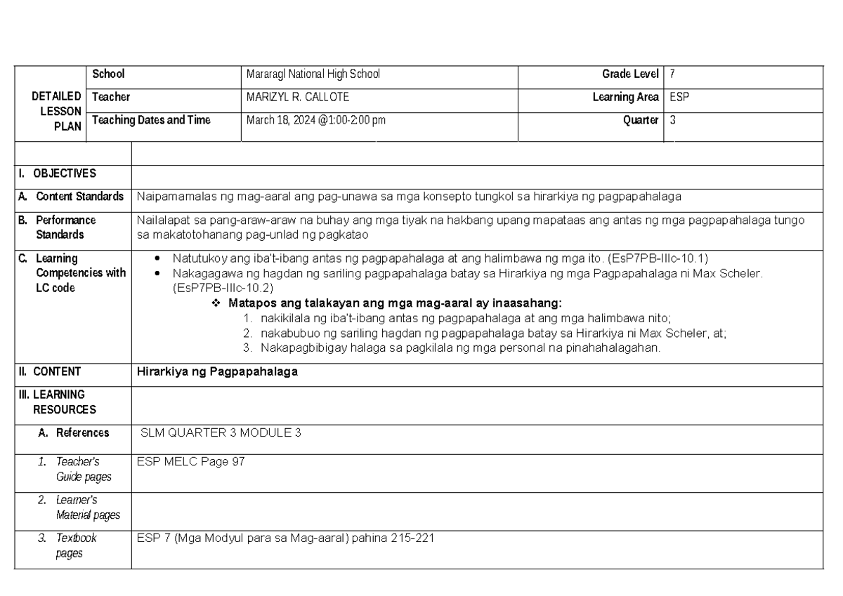 Callote-MR ESP-7-Q3 - Assignment - DETAILED LESSON PLAN School Mararagl National High School ...