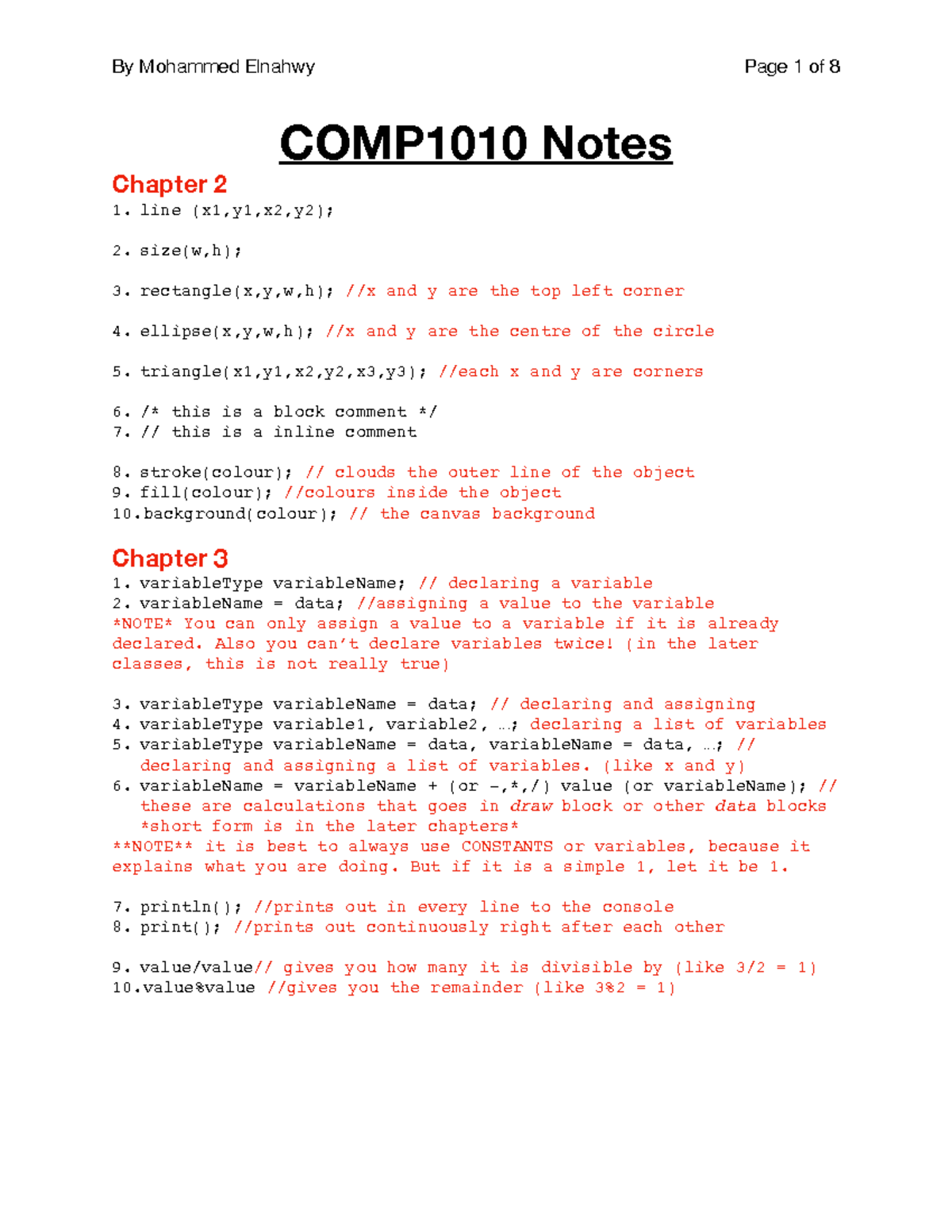 COMP code notes - Mohammed Elnahwy Chapter 2 Page 1 of 8 COMP1010 Notes ...