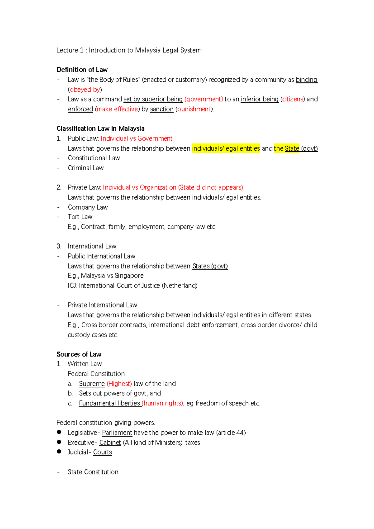 Business law Notes - Lecture 1 : Introduction to Malaysia Legal System ...