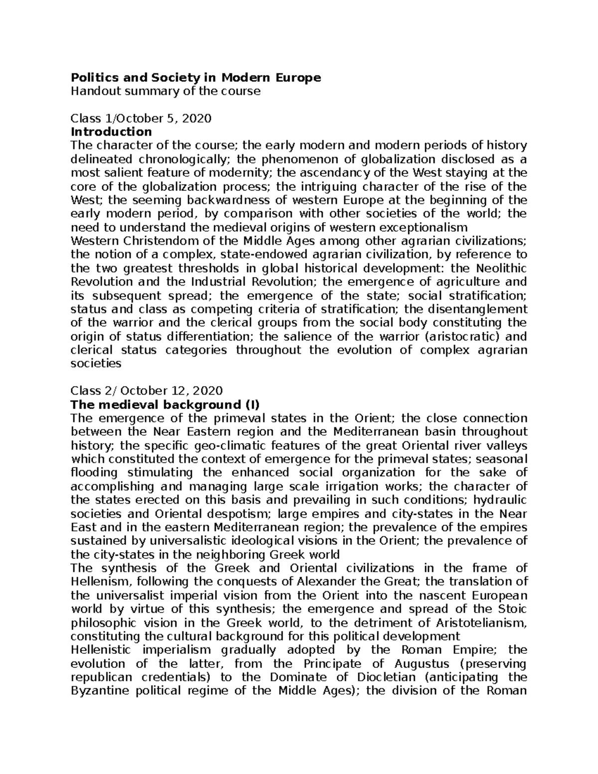 Handout Summary Politics and Society in Modern Europe - Politics and ...