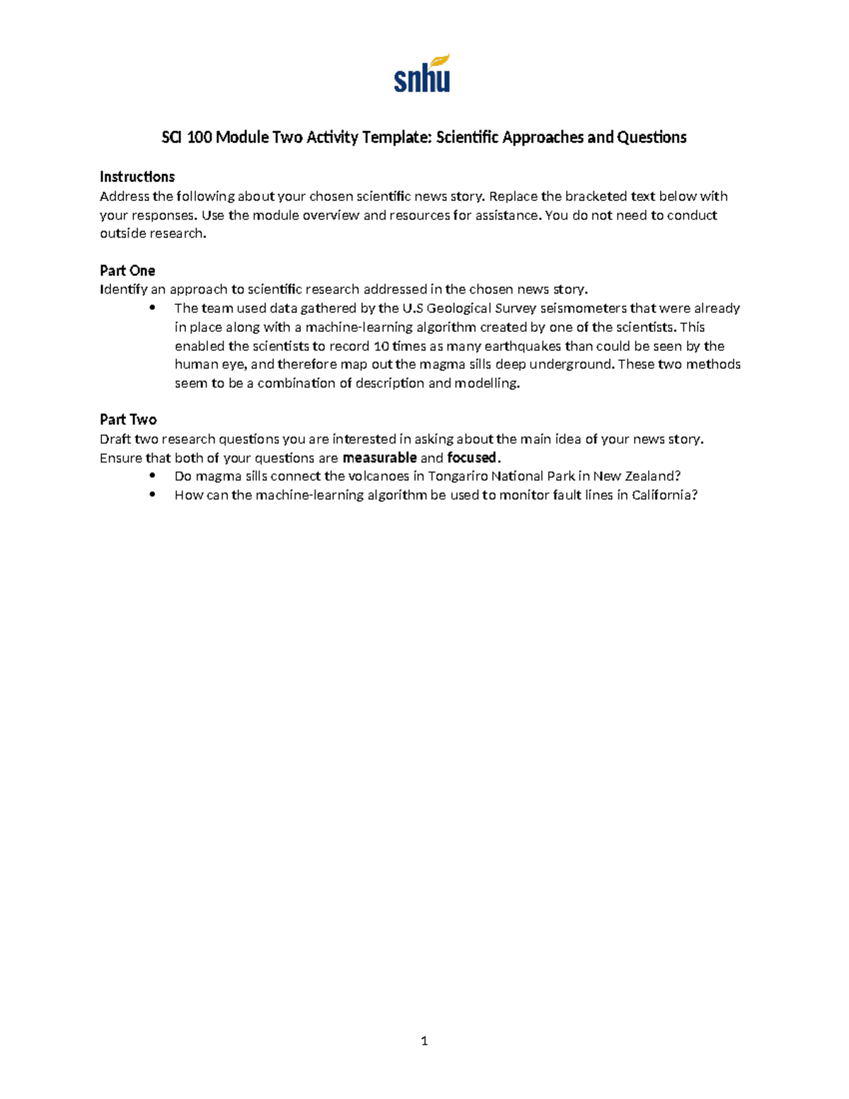 SCI 100 Module Two Activity - Replace the bracketed text below with ...