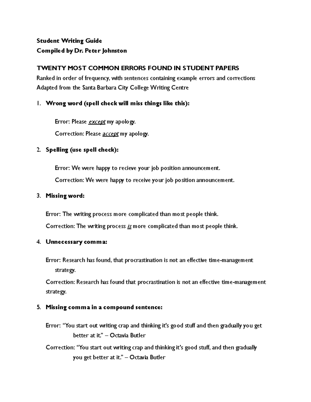 Student Writing Tip Sheet Avoiding Common Errors - Student Writing ...