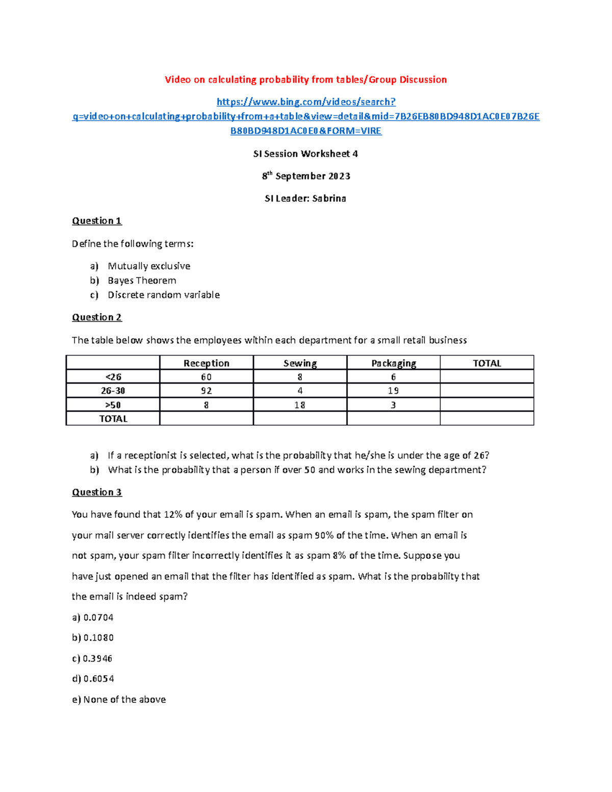 SI Session worksheet 4 - Stat130 Practice questions - Video on calculating probability from ...