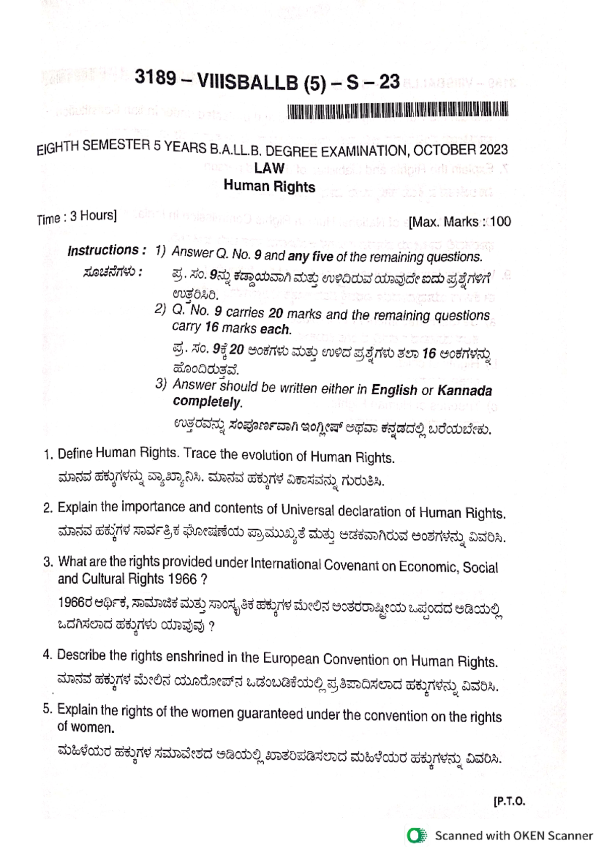 Human Rights Question Papers - 3189 (5) S 23 EIGHTH SEMESTER 5 YEARS B ...