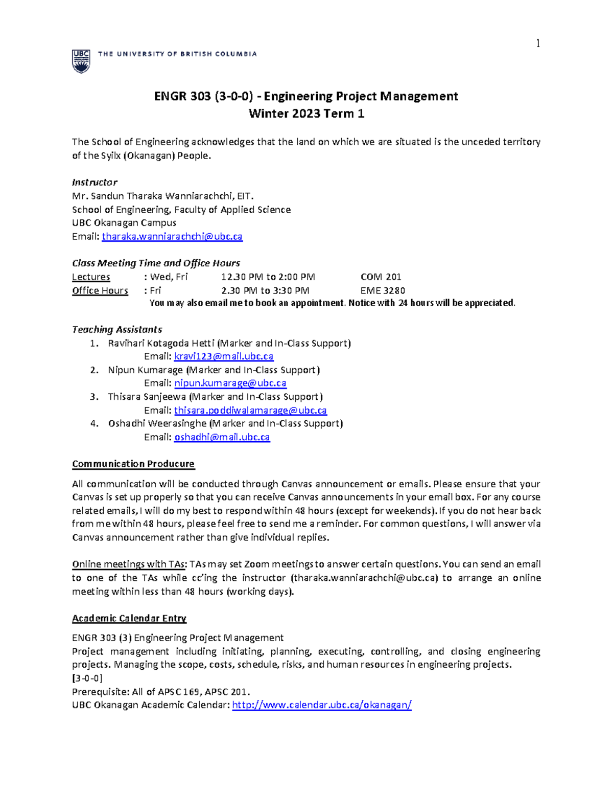 ENGR 303 - Course Syllabus - ENGR 303 (3- 0 - 0) - Engineering Project ...