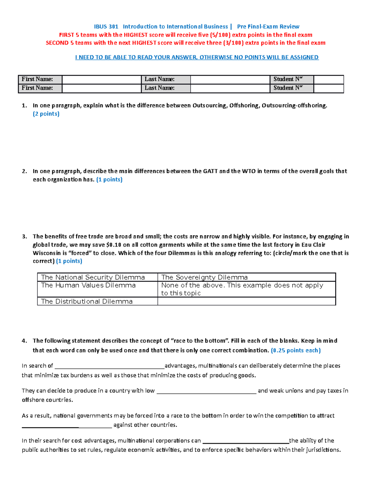 Pre-Final Exam Activity - IBUS 301 Introduction to International ...