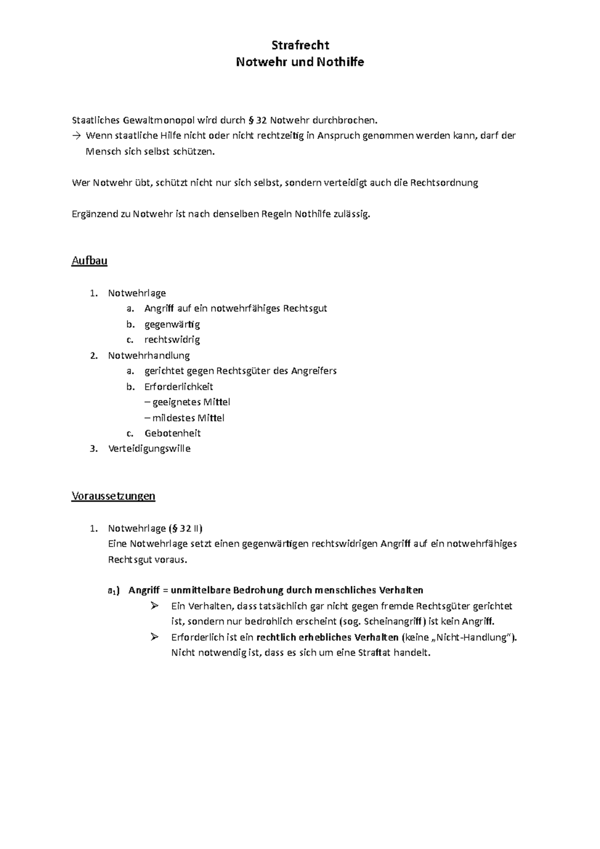 Zusammenfassung Notwehr und Nothilfe - Strafrecht I - HHU - StuDocu
