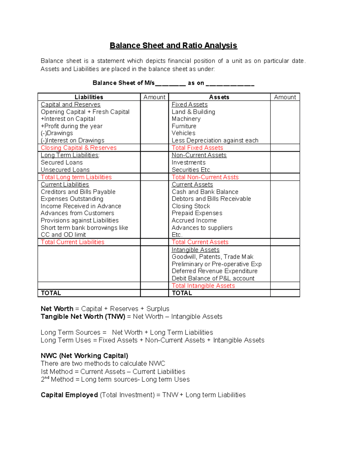 Balance Sheet Ratio Analysis Balance Sheet And Ratio Analysis Balance