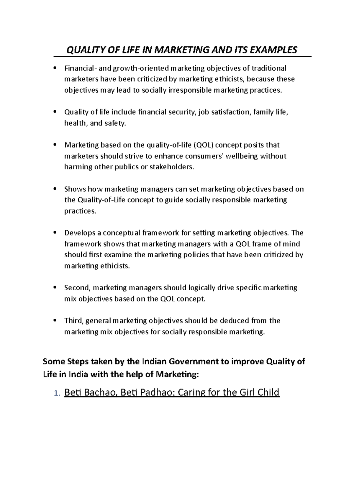 Quality OF LIFE IN Marketing AND ITS Examples - QUALITY OF LIFE IN ...