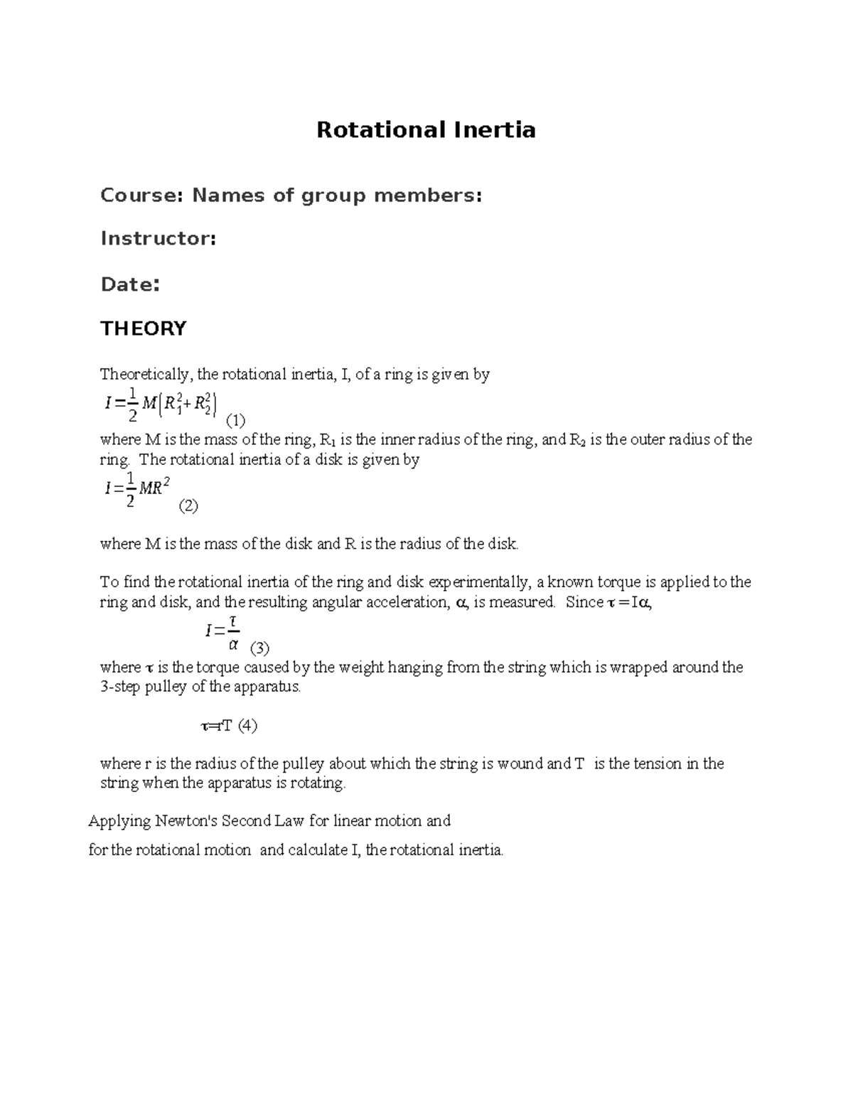 Rotational Inertia - LAB9 - Rotational Inertia Course: Names of group ...