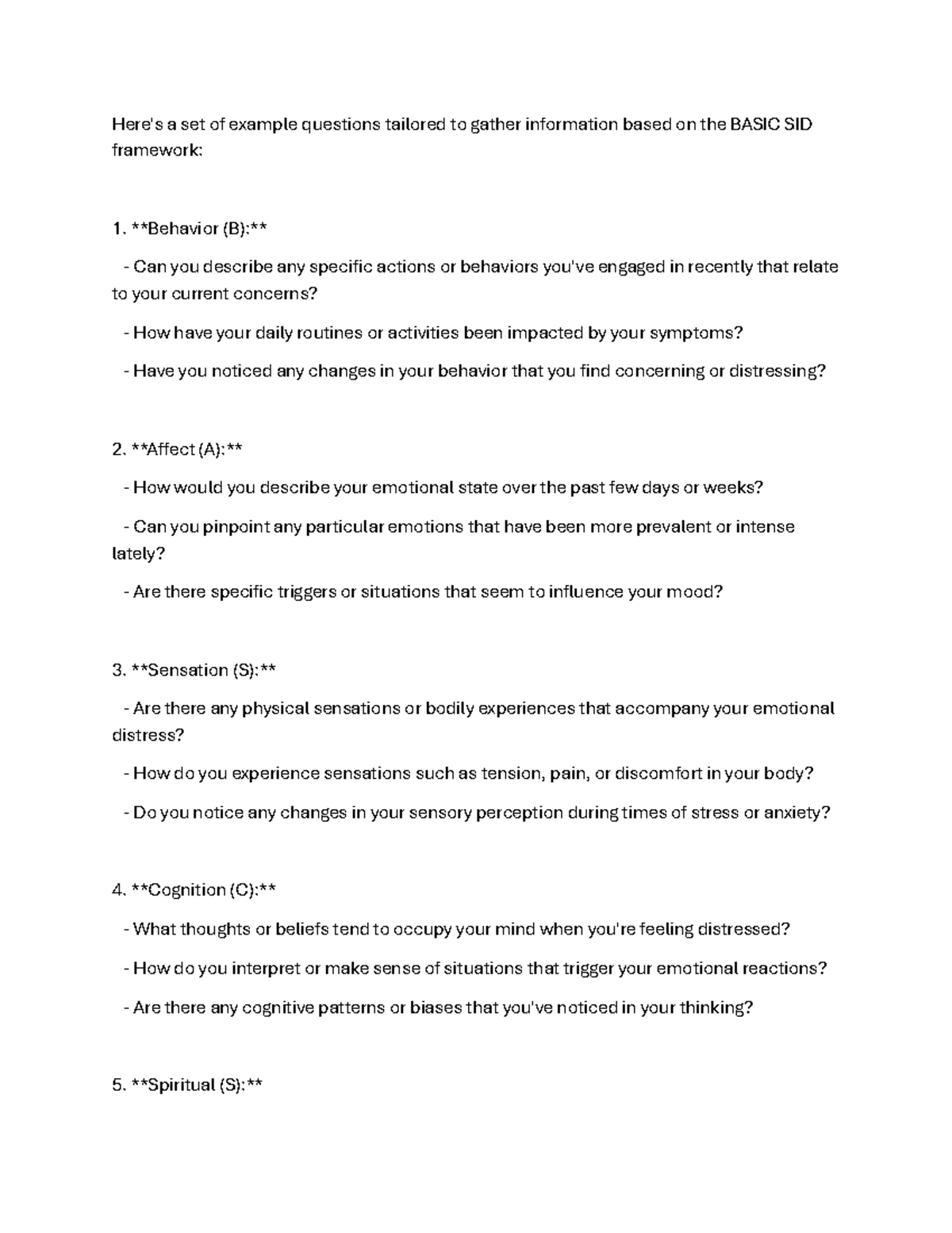 Basic SID Questions - Here's a set of example questions tailored to ...