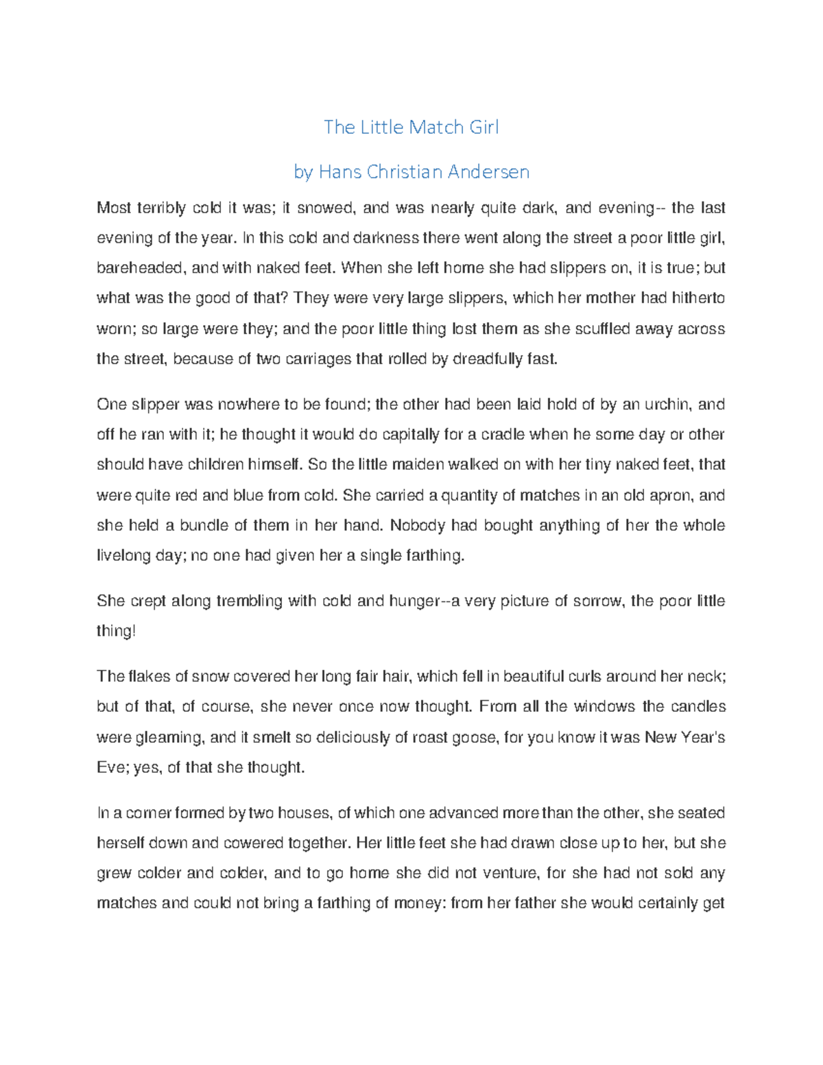 The Little Match Girl by Hans Christian Anderson - The Little Match ...