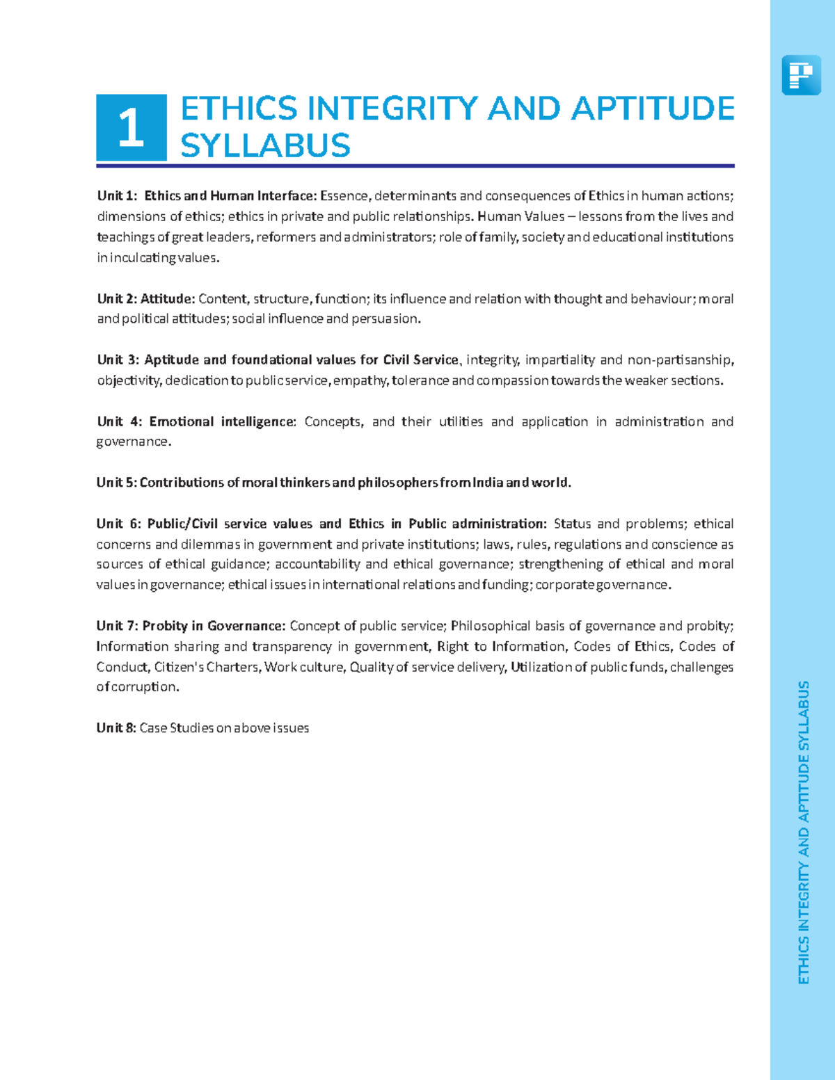 Ethics Handout - ETHICS INTEGRITY AND APTITUDE SYLLABUS 1 Unit 1 ...