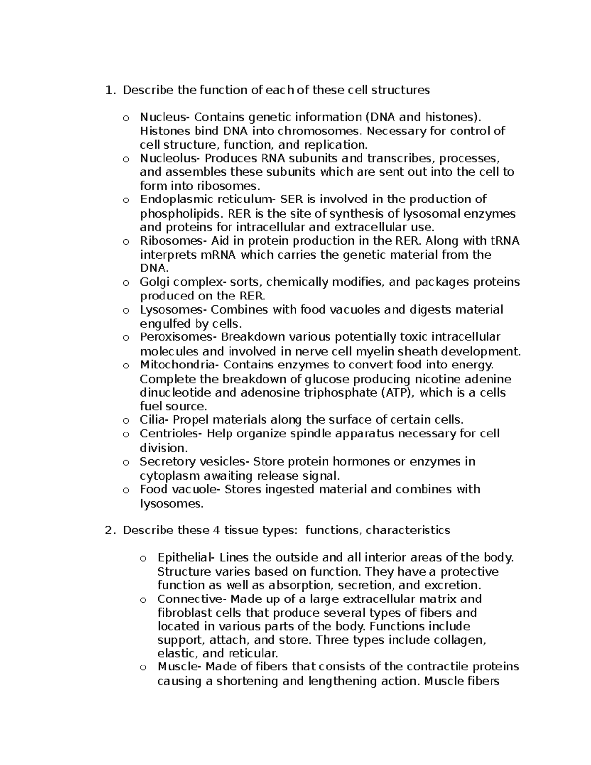 Week 1 Assignment Describe The Function Of Each Of These Cell Structures O Nucleus Contains