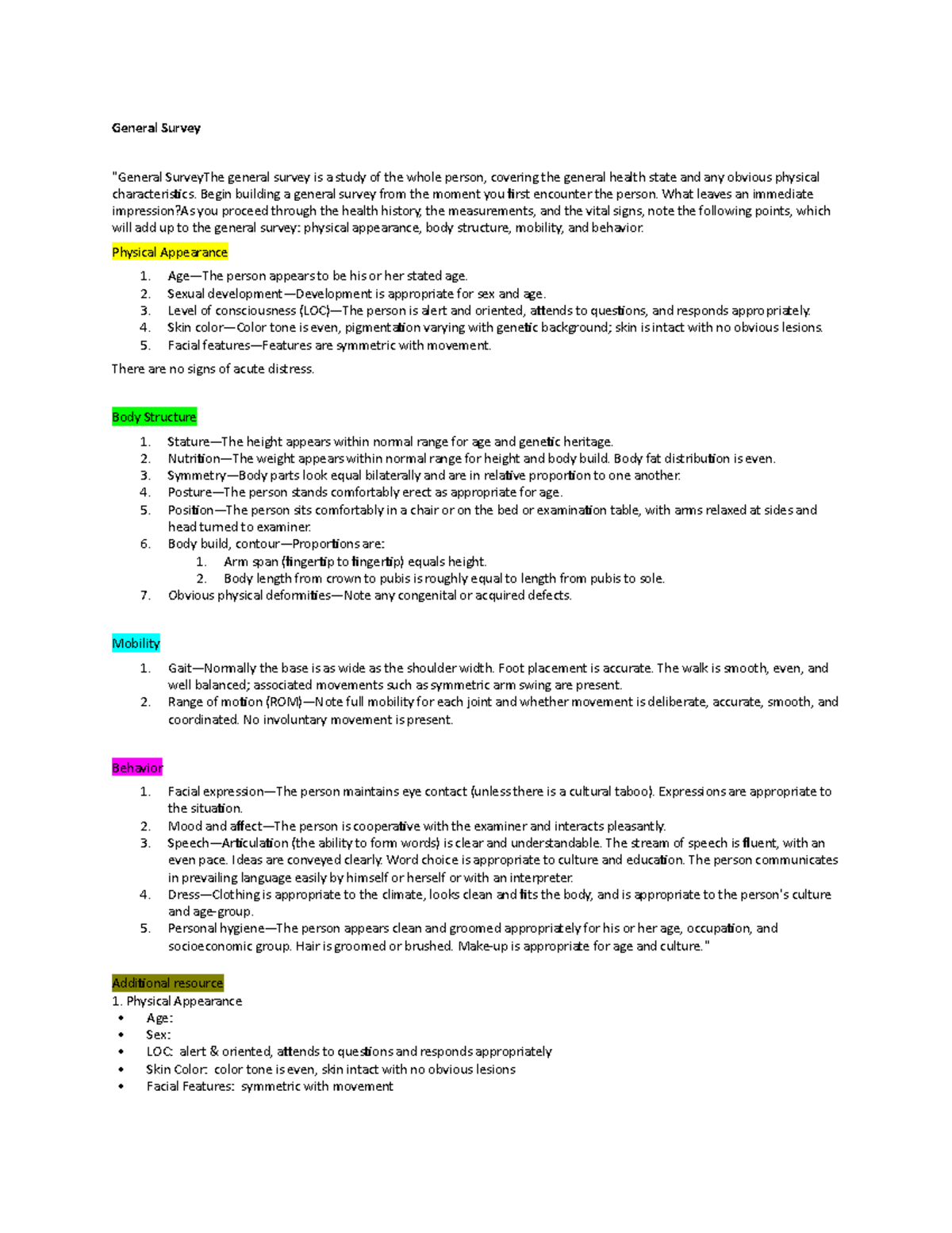 ROS - health assessment - General Survey "General SurveyThe general ...