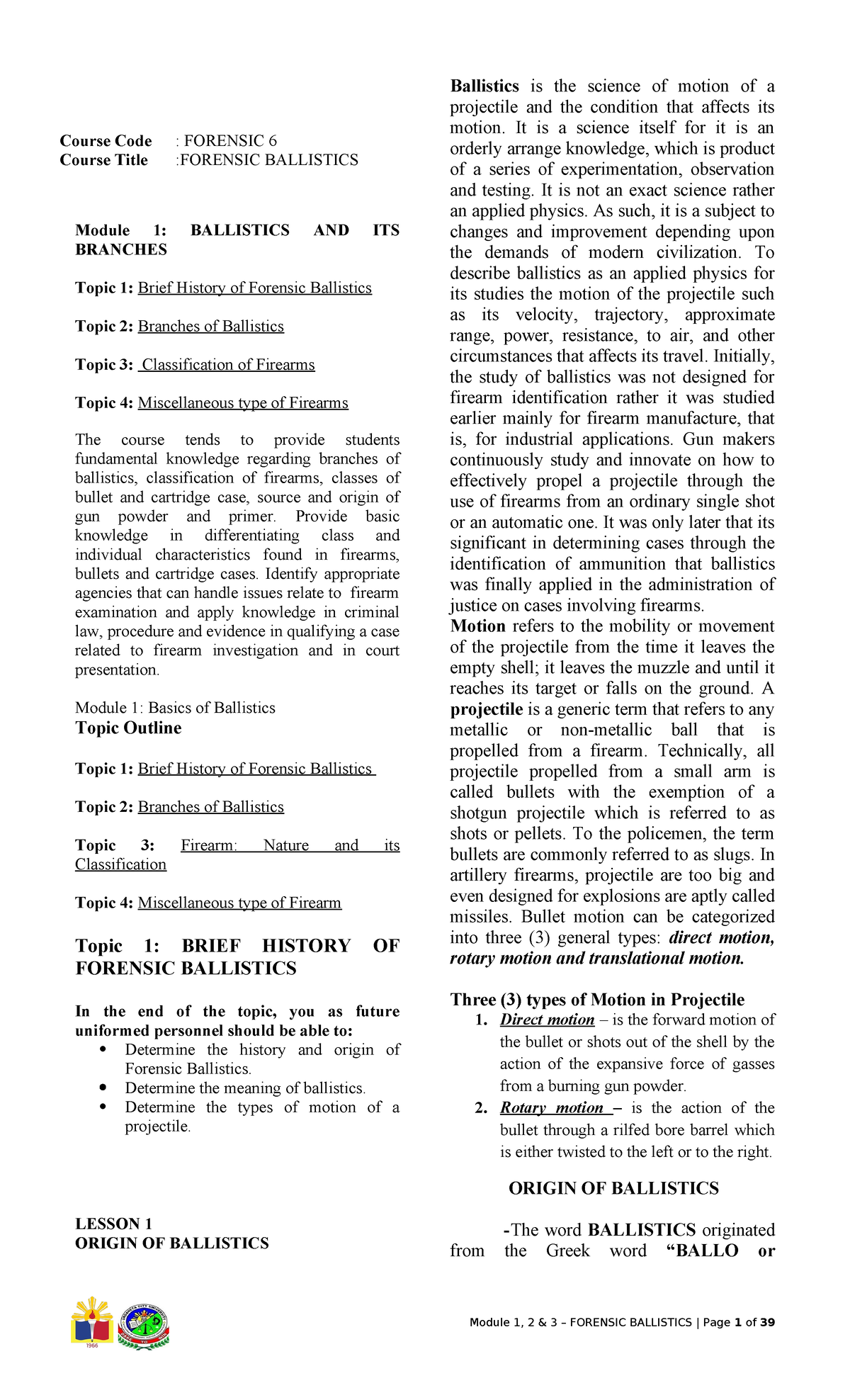 Notes-for-Forensic-Ballistics - Module 1: BALLISTICS AND ITS BRANCHES ...