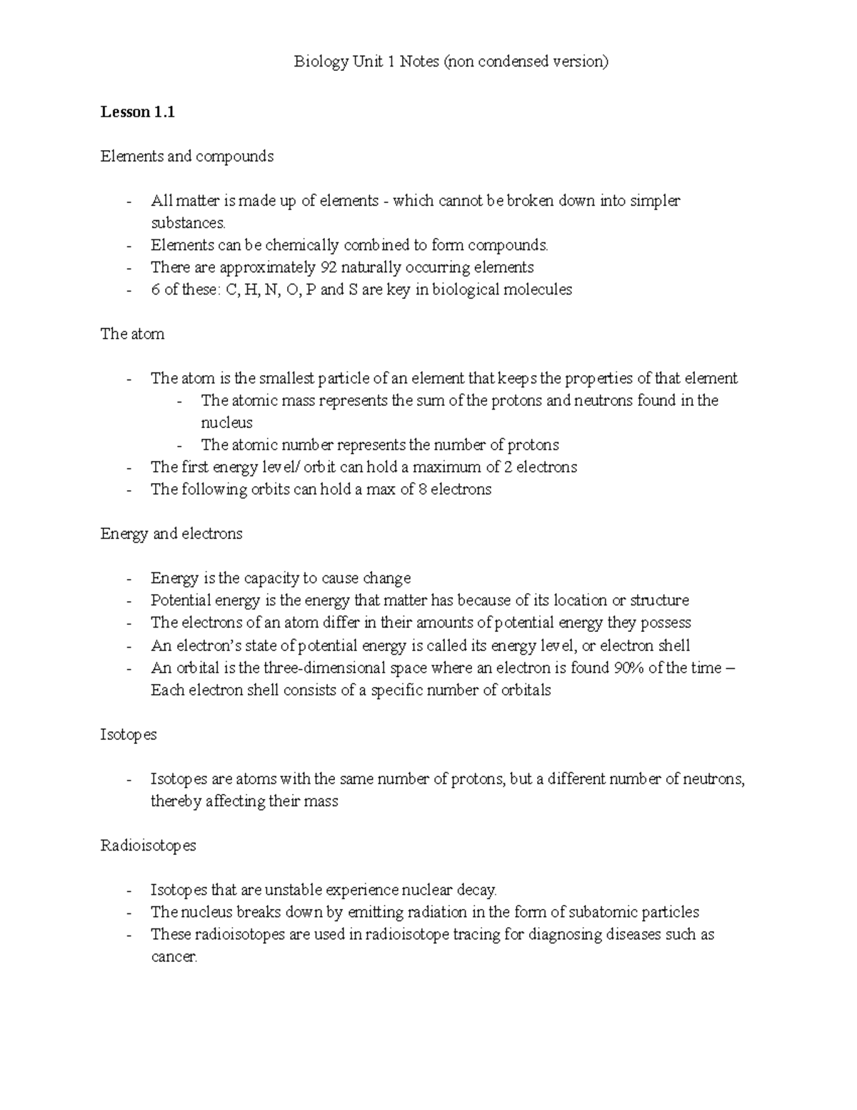 Bio unit 1 notes (Biochem) - Lesson 1. Elements and compounds - All ...