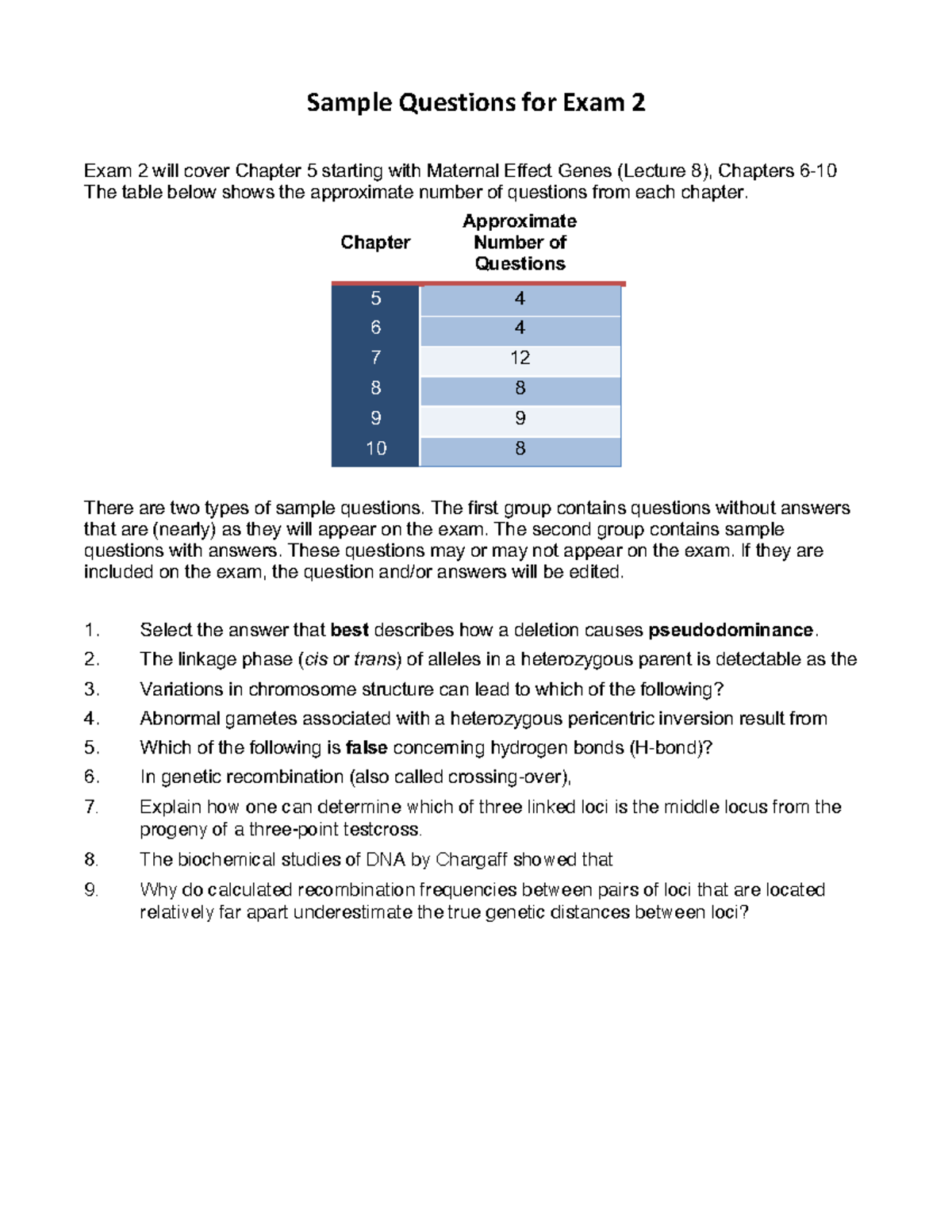 Exam 2 Sample Questions-Fall 2023 - Sample Questions for Exam 2 Exam 2 ...