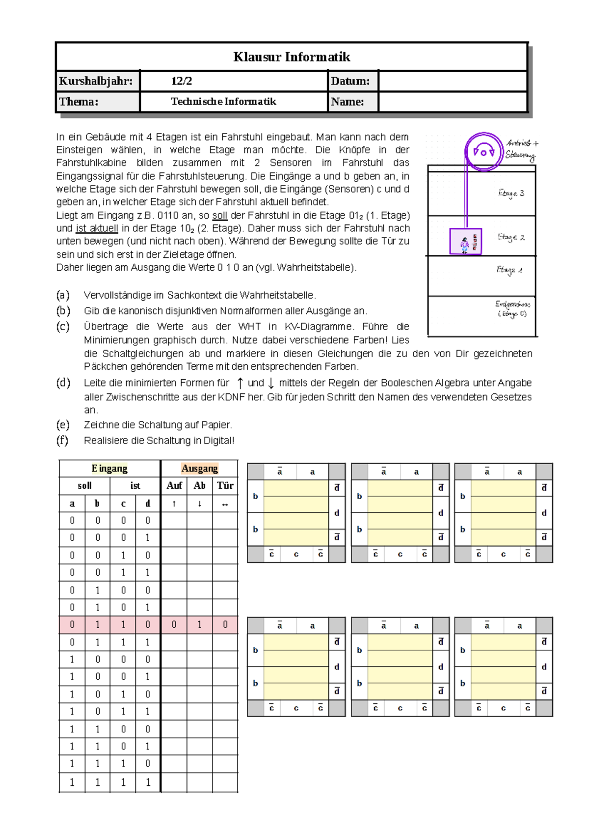 Klausur Technische Informatik - Klausur Informatik Kurshalbjahr: 12/2 Datum: Thema: Technische ...