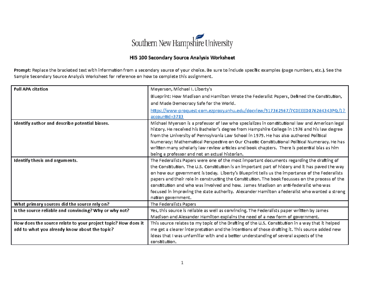 HIS 100 Secondary Source Analysis Worksheet - HIS 100 Secondary Source ...