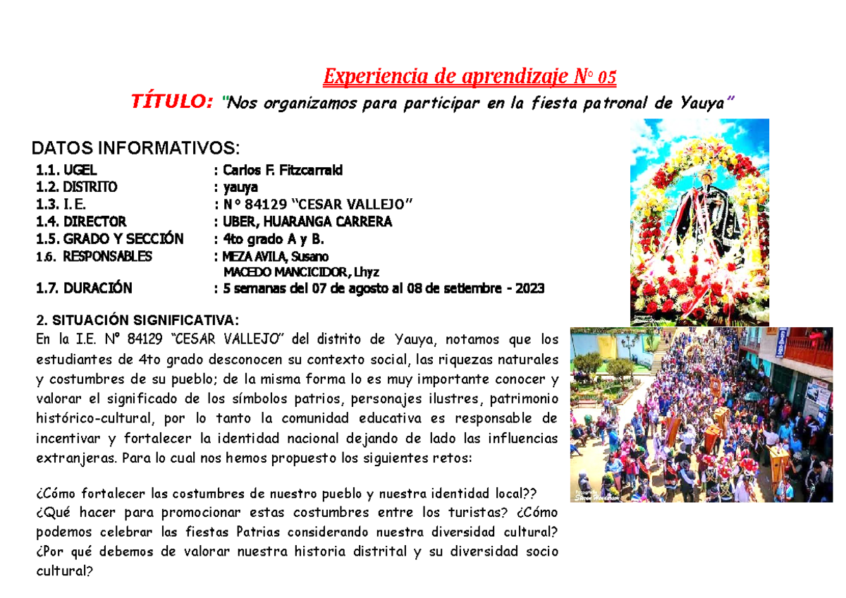 Experiencia DE Aprendizaje N° 5 4to-WWW - Experiencia de aprendizaje N° 05 TÍTULO: “Nos ...