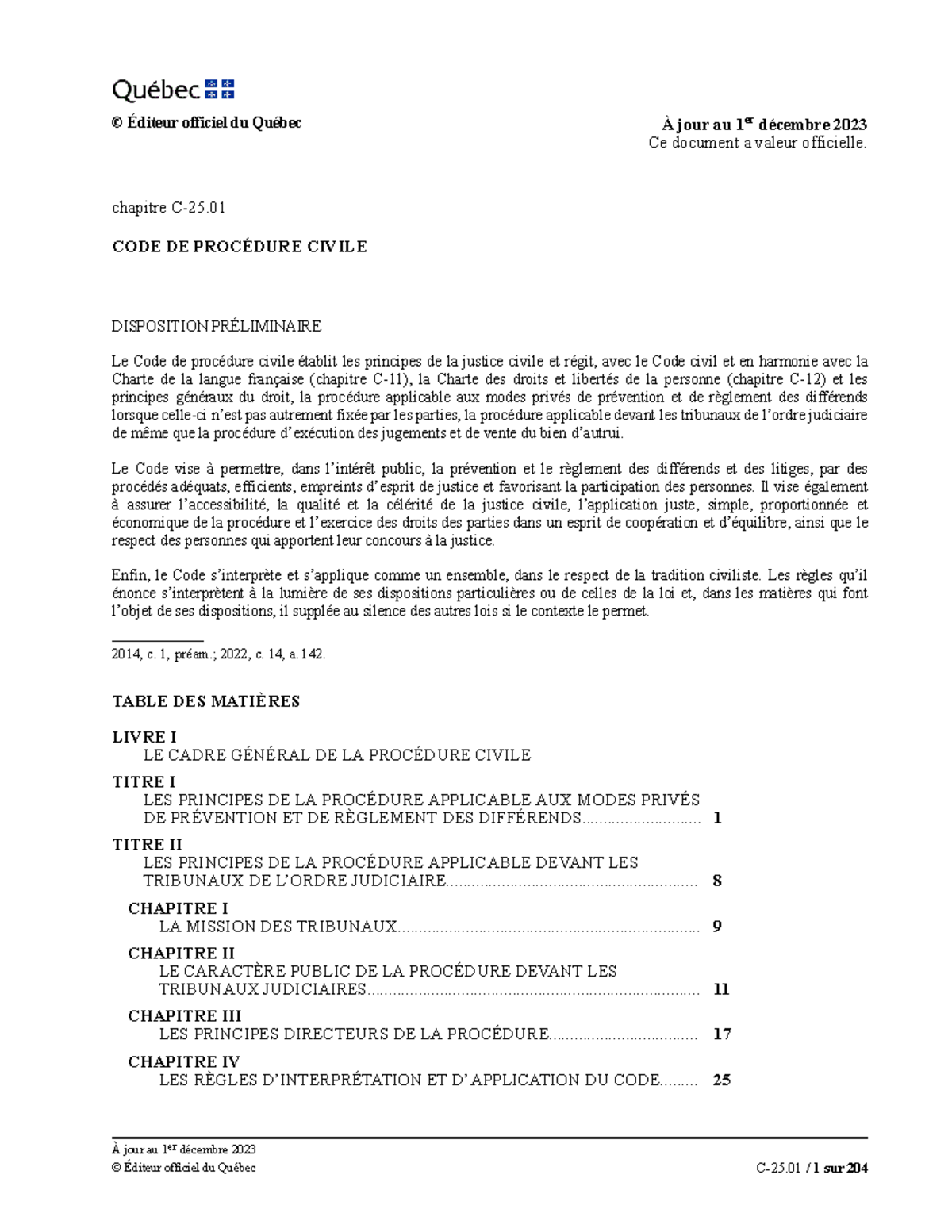 Cpc - Code de procédure civile - chapitre C-25. CODE DE PROCÉDURE ...