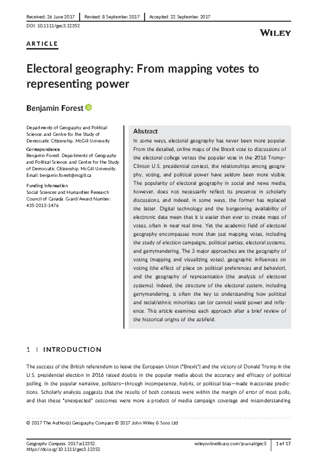 Electoral geography fundamental paper - A R T I C L E Electoral ...