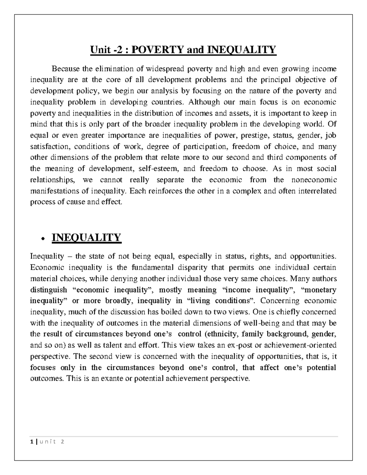 Poverty and Inequality Dev Eco - Unit -2 : POVERTY and INEQUALITY ...