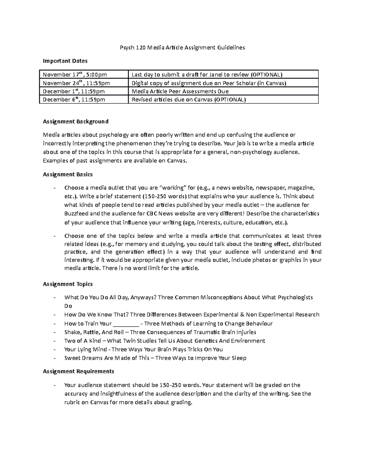 Media Article Instructions - PSY120 - U of S - Studocu