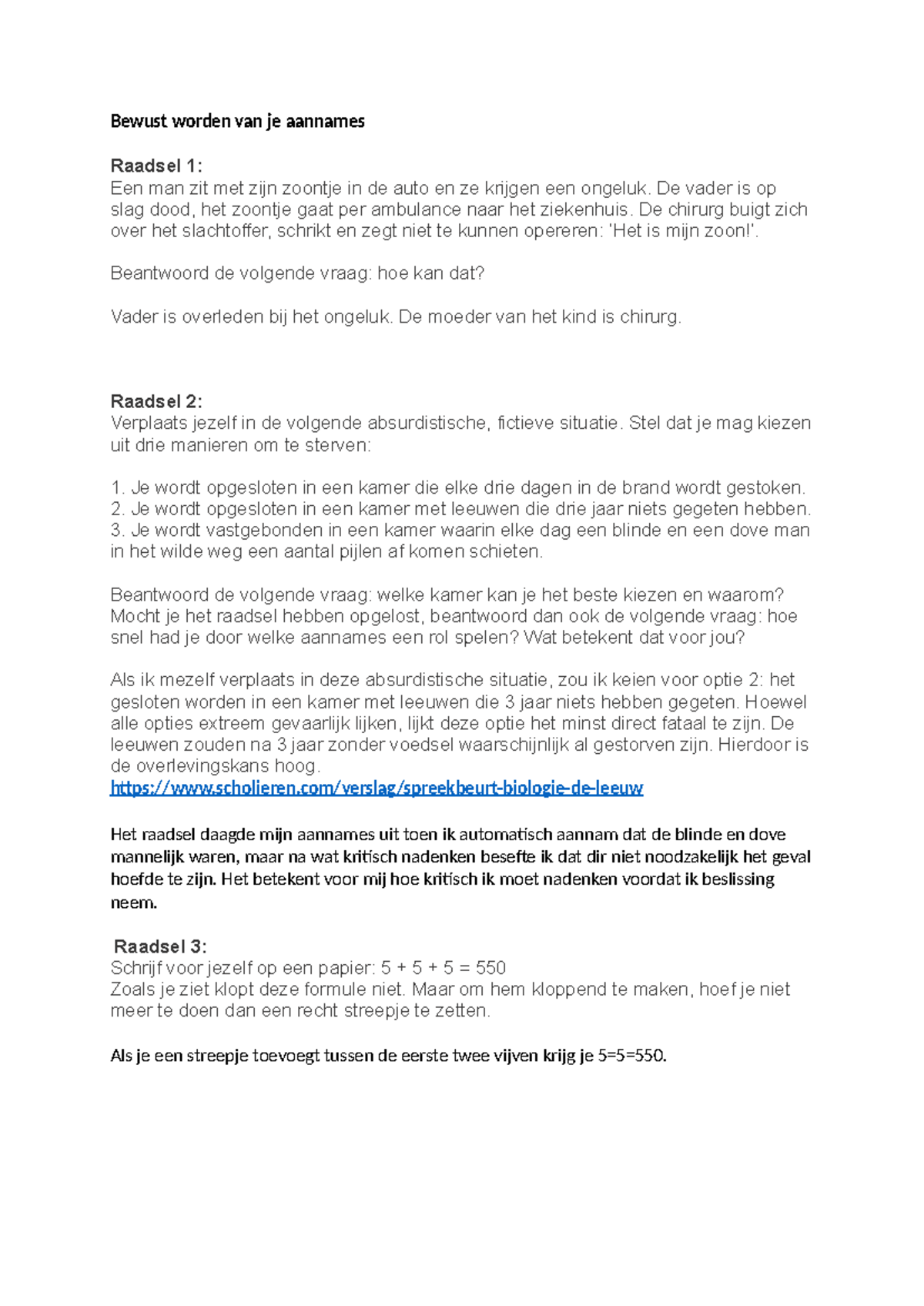 Bewust worden van je aannames - Bewust worden van je aannames Raadsel 1 ...