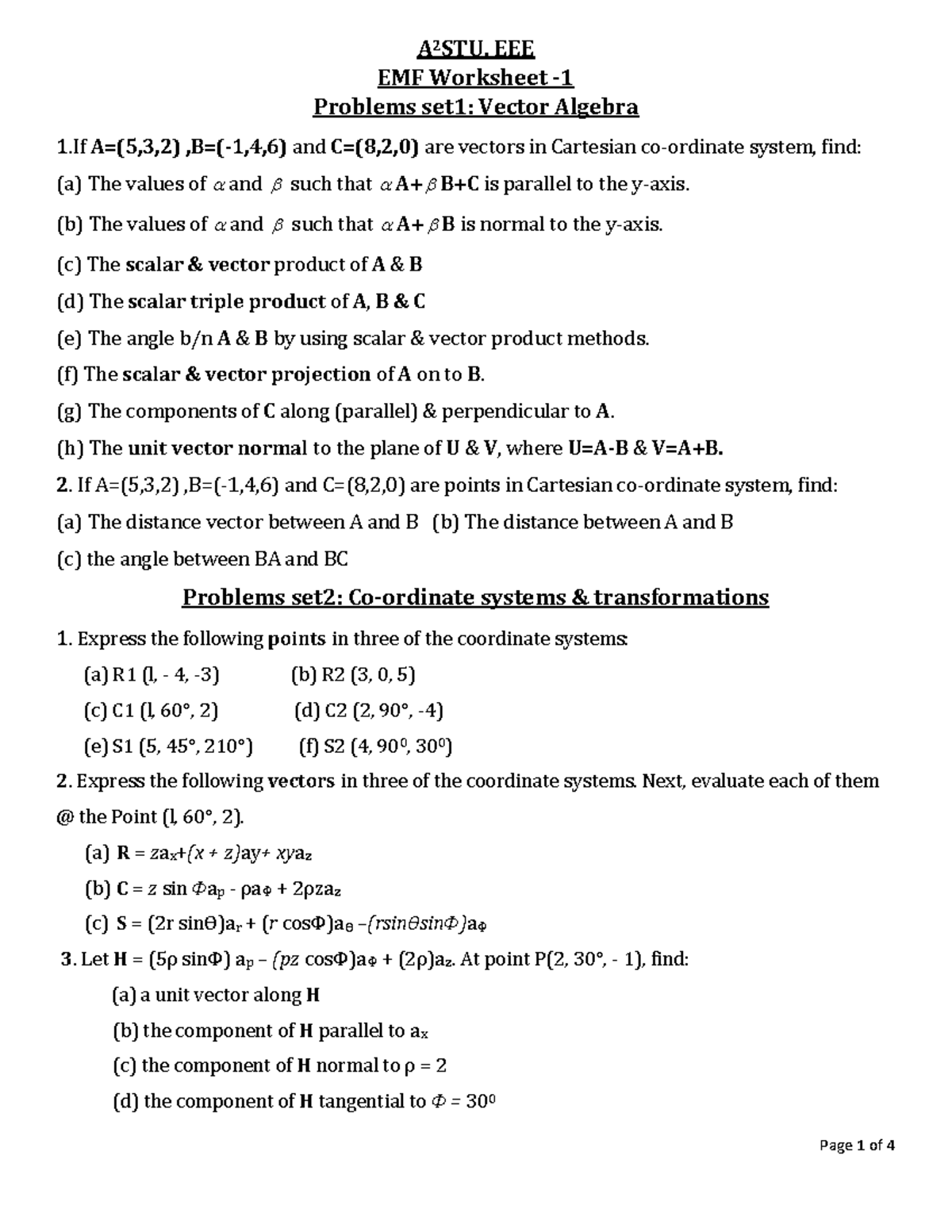 1 Vector Work Sheet 1 - exercise - A 2 STU, EEE EMF Worksheet - Problems set1: Vector Algebra 1 ...