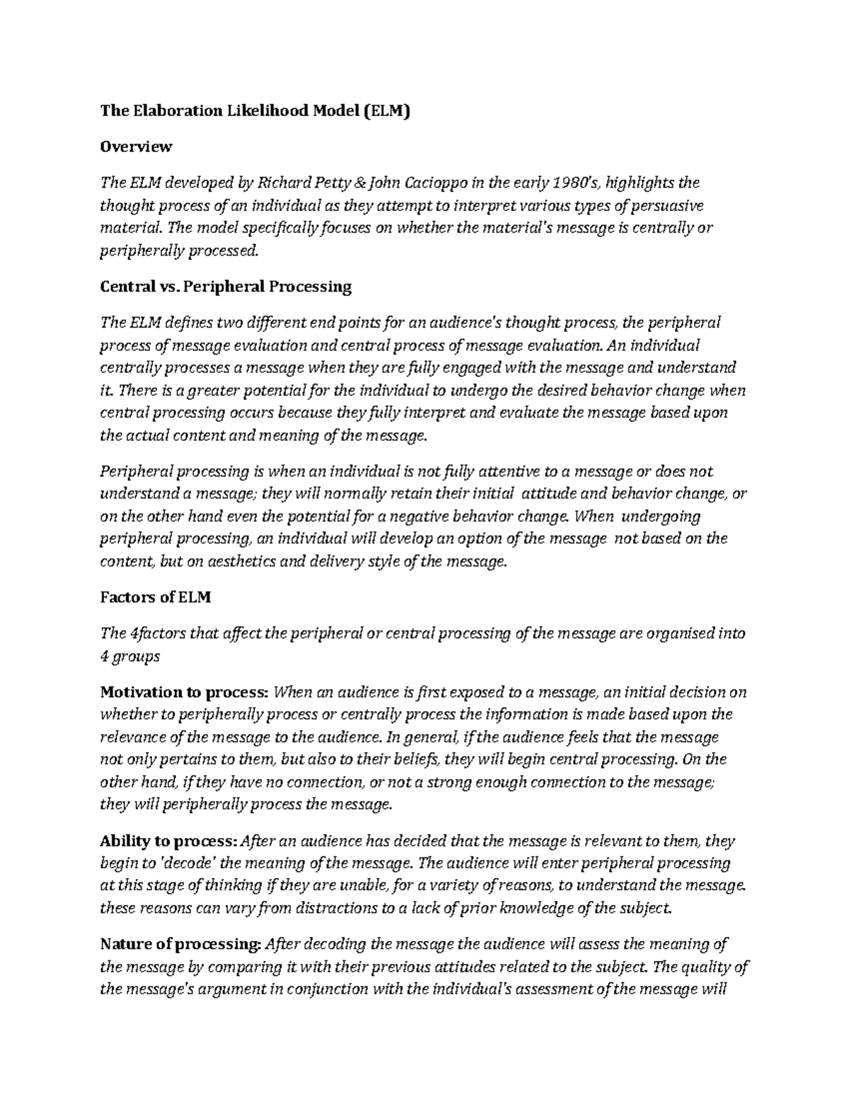 ELM - Lecture notes 6 - The Elaboration Likelihood Model (ELM) Overview ...