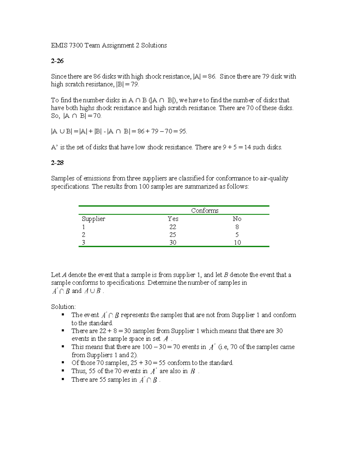 Teamassignment 2sol - wwwwwwa - EMIS 7300 Team Assignment 2 Solutions 2- Since there are 86 ...