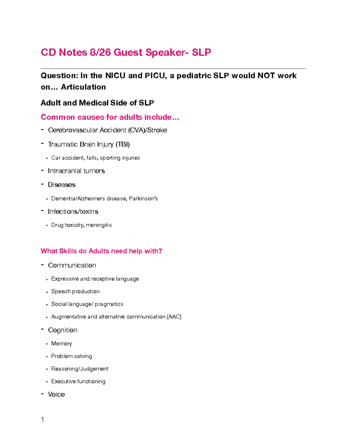 Guest Speaker CD Adult SLP - CD Notes 8/26 Guest Speaker- SLP Question ...