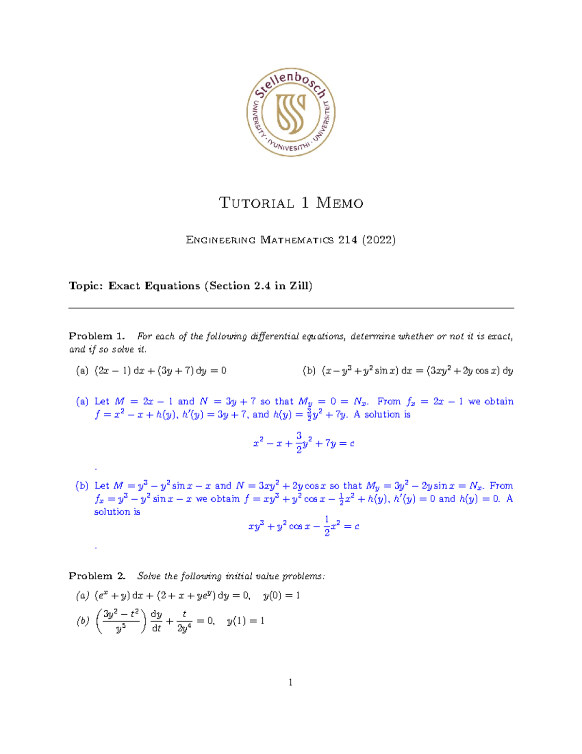 Memo1 Tut Memo Tutorial 1 Memo Engineering Mathematics 214 2022 Topic Exact Equations