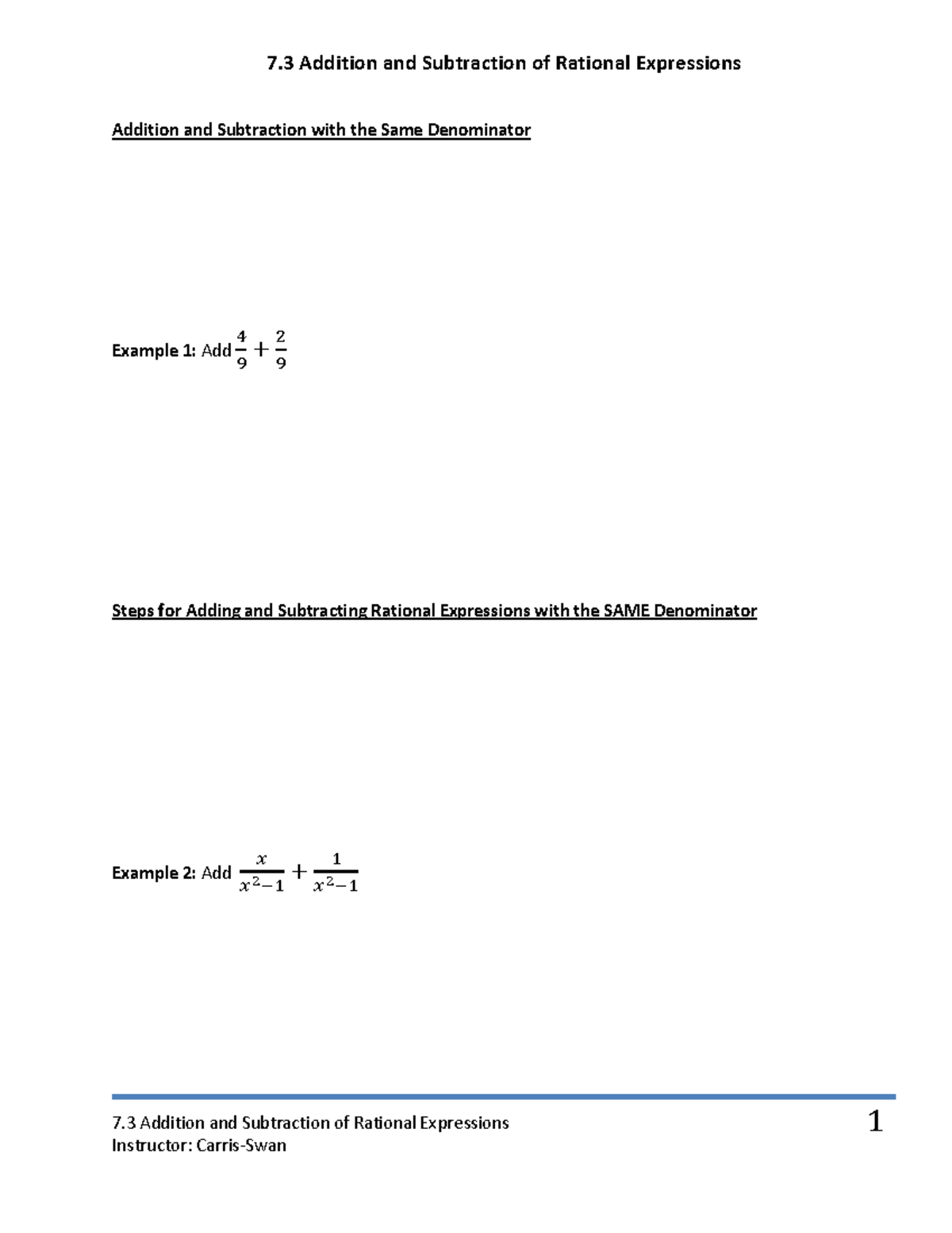 (5) 7.3 Addition and Subtraction of Rational Expressions - 7 Addition ...