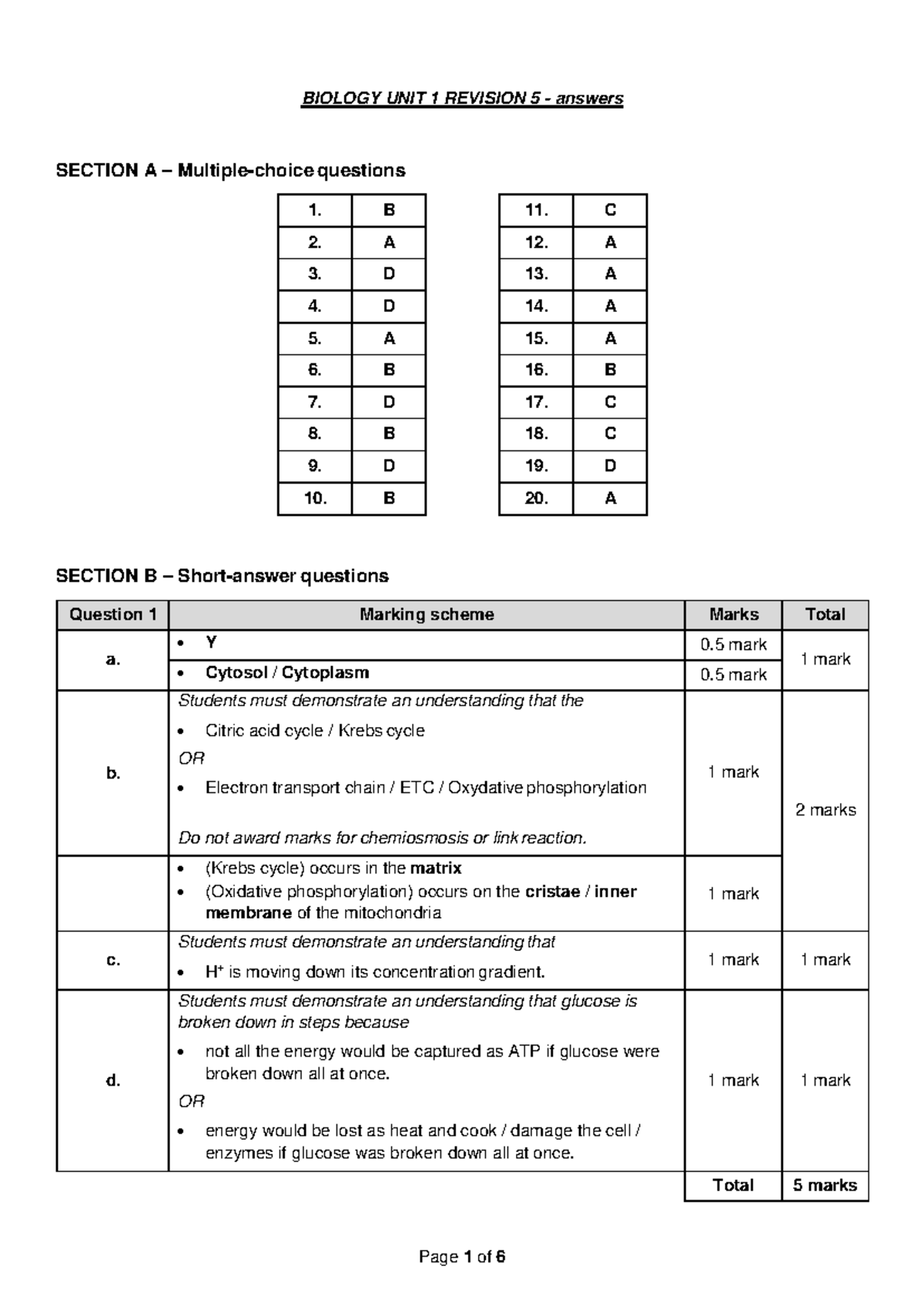Biology UNIT 1 Revision 5 - answers - BIOLOGY UNIT 1 REVISION 5 ...