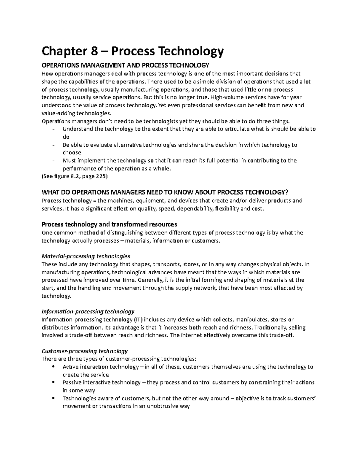 Operations Management - Chapter 8 - Chapter 8 – Process Technology ...