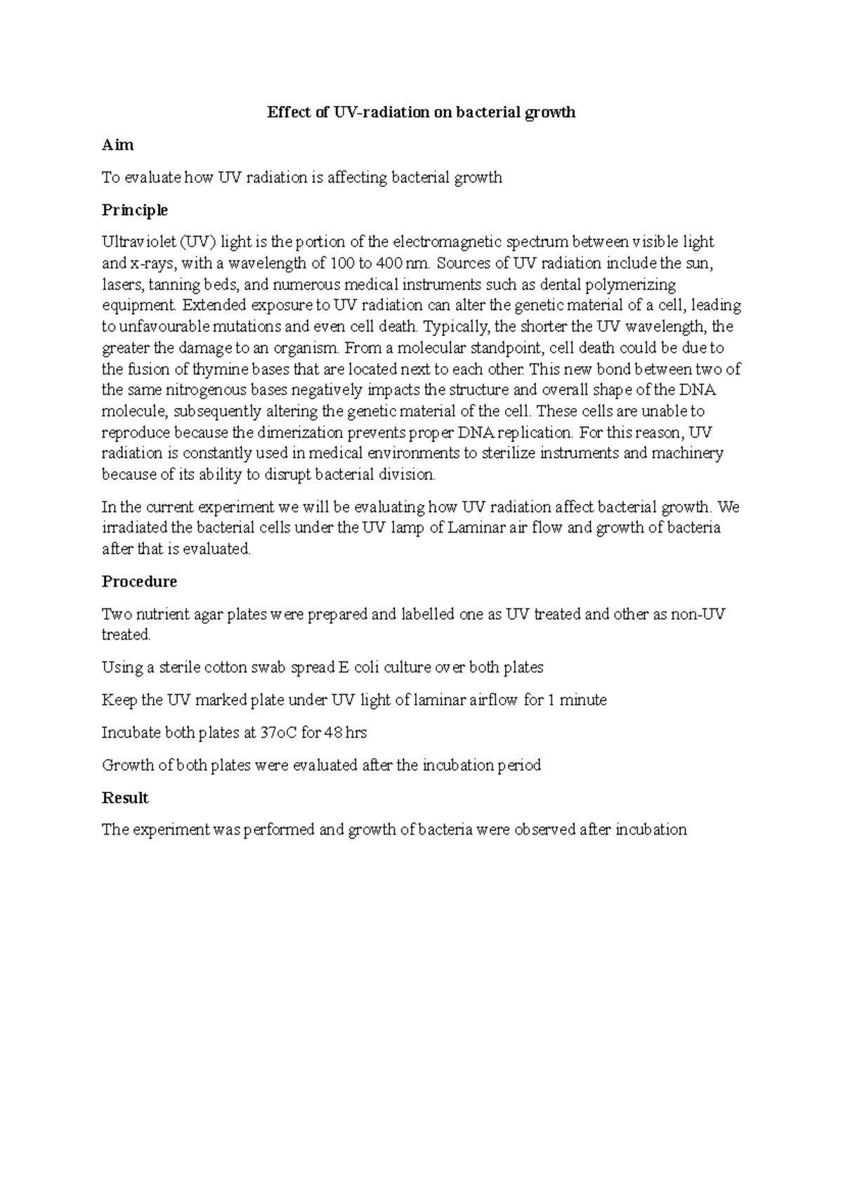 Effect of UV radiation in bacterial growth - Effect of UV-radiation on ...